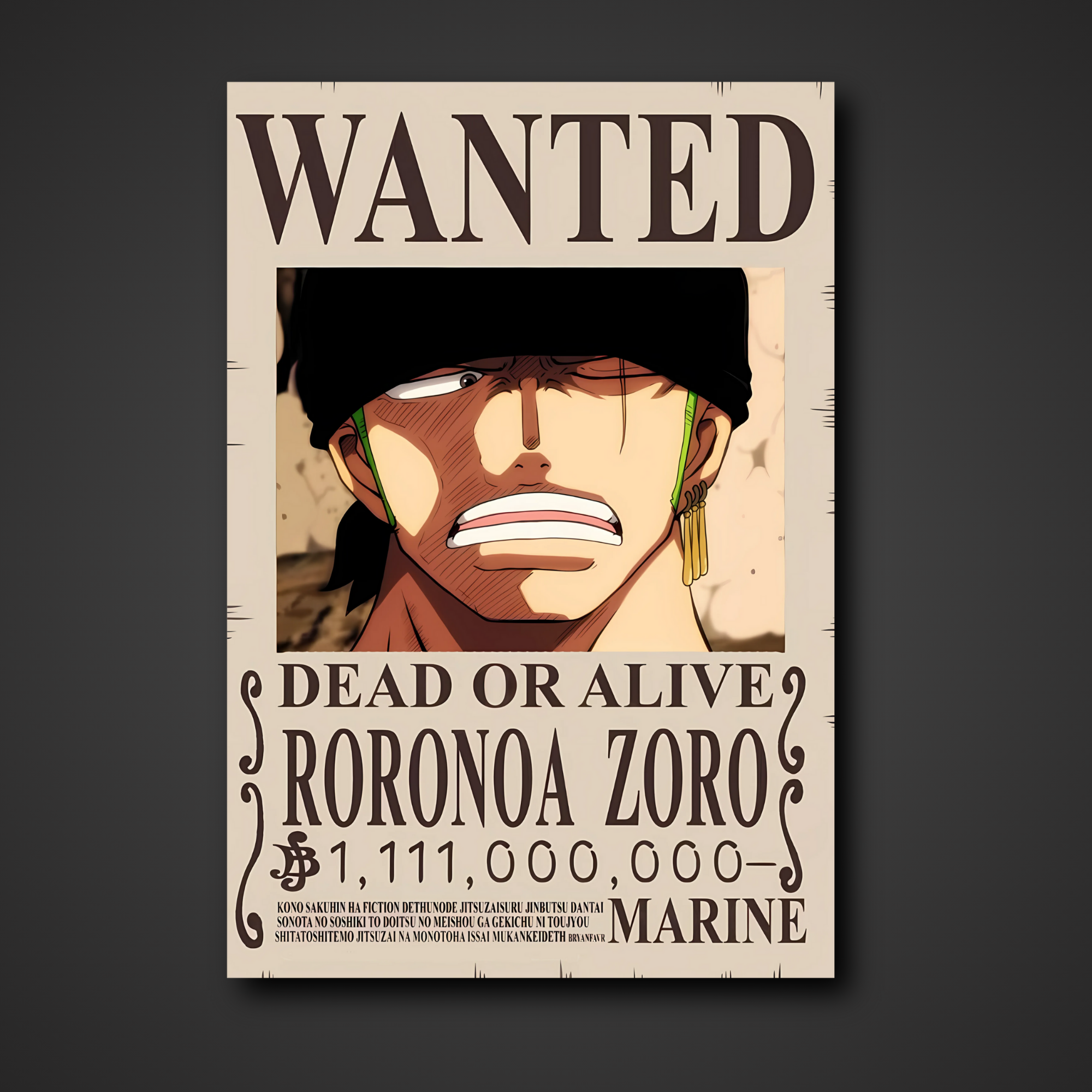 Roronoa Zoro 1.111 Billion Berry Bounty Poster - A3 & A4 One Piece Wal ...